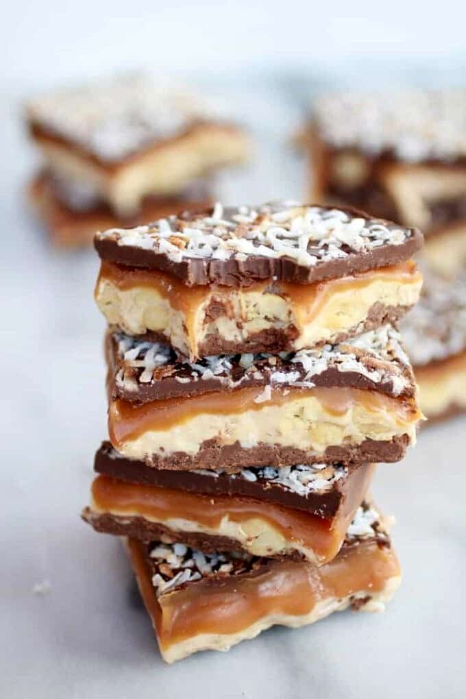 Toasted Coconut Caramel Peanut Butter Snickers Bars - Half Baked Harvest