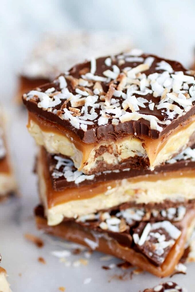 Toasted Coconut Caramel Peanut Butter Snickers Bars - Half Baked Harvest
