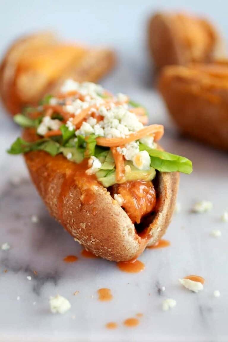 Healthy Loaded Cheddar + Blue Cheese Buffalo Chicken Dogs - Half Baked ...