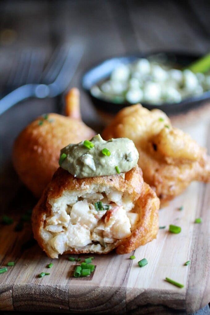 Blue Cheese Lobster Beignets with Spicy Avocado Cream + Garden Veggie ...