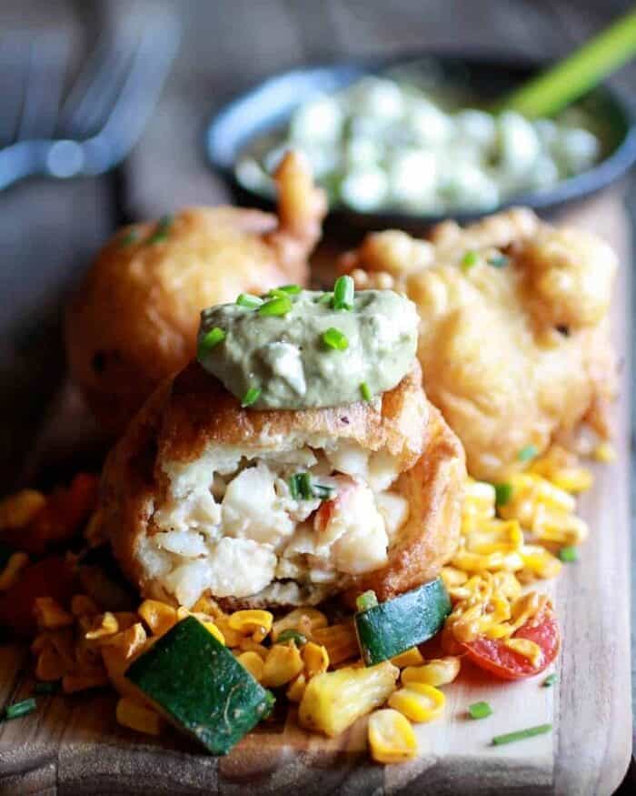Blue Cheese Lobster Beignets with Spicy Avocado Cream + Garden Veggie ...