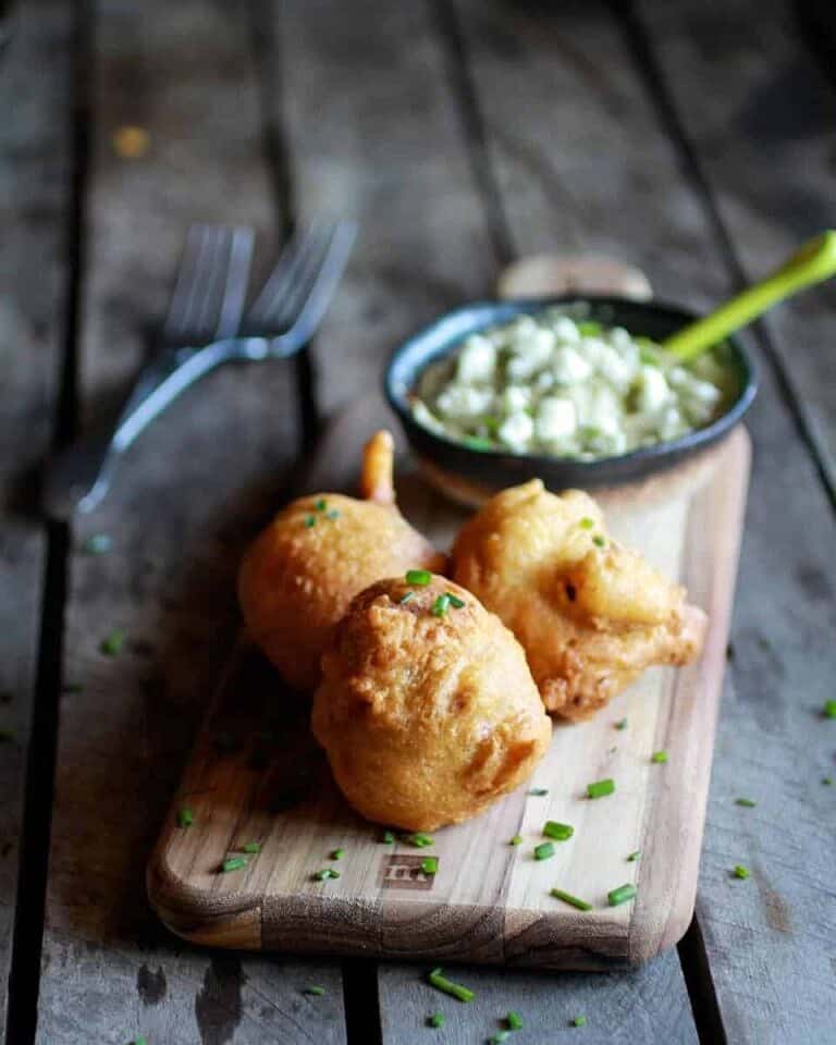 Blue Cheese Lobster Beignets with Spicy Avocado Cream + Garden Veggie ...