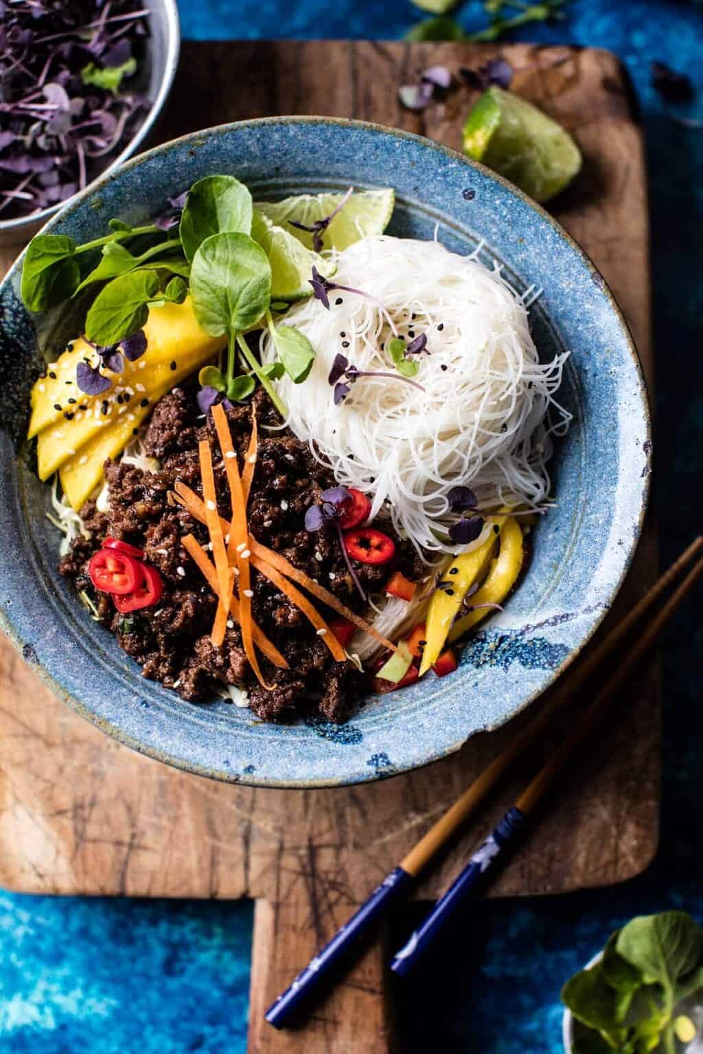 30 Minute Asian Basil Beef and Mango Noodle Salad. - Half Baked Harvest
