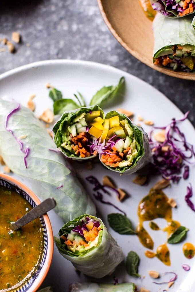 Avocado Veggie Spring Rolls with Sweet Thai Mango Sauce. - Half Baked ...