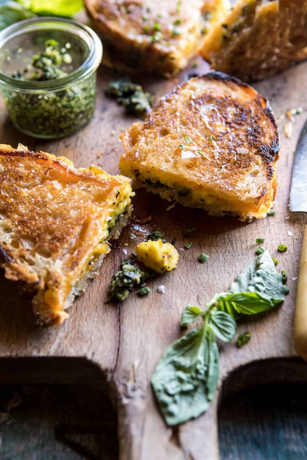 Breakfast Grilled Cheese with Soft Scrambled Eggs and Pesto. - Half ...