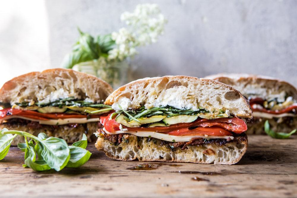 Marinated Veggie Cheese Sandwich with Sun-Dried Tomato Pesto. - Half ...