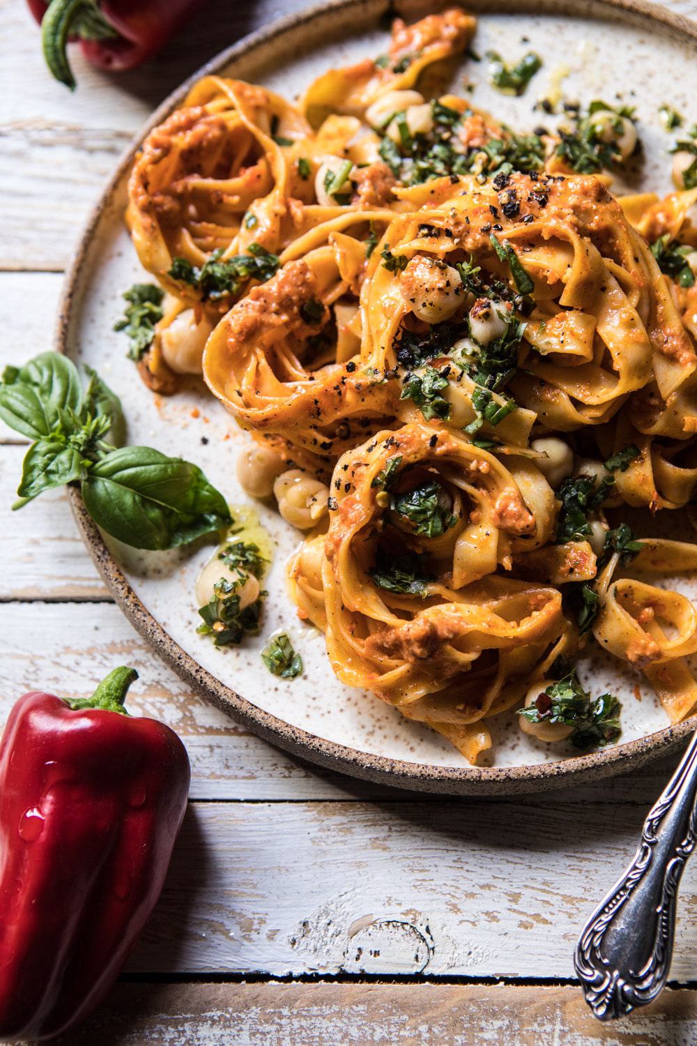 Roasted Red Pepper Pasta with White Beans and Basil. - Half Baked Harvest