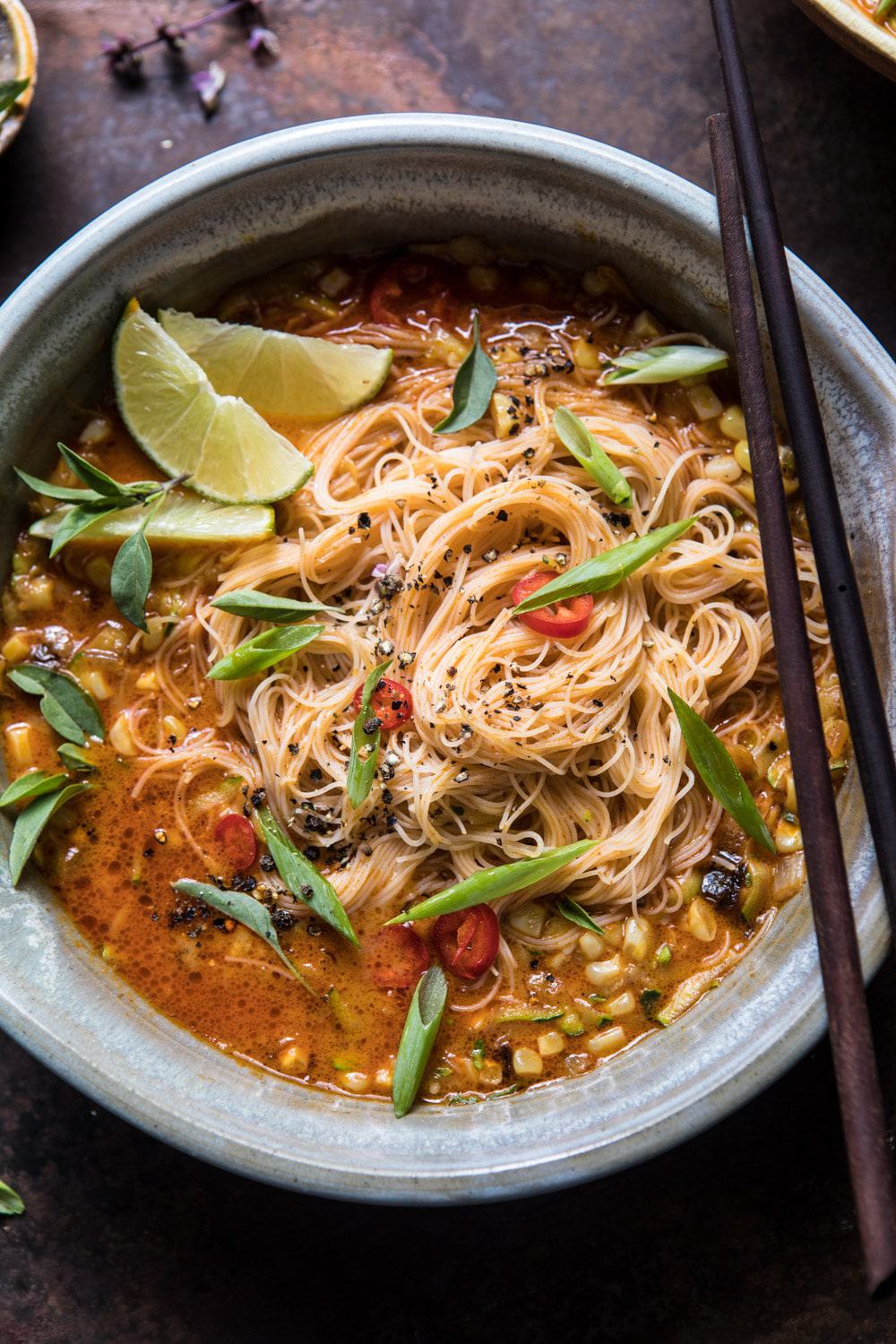 Saucy Coconut Curry with Rice Noodles and Garden Vegetables. - Half ...