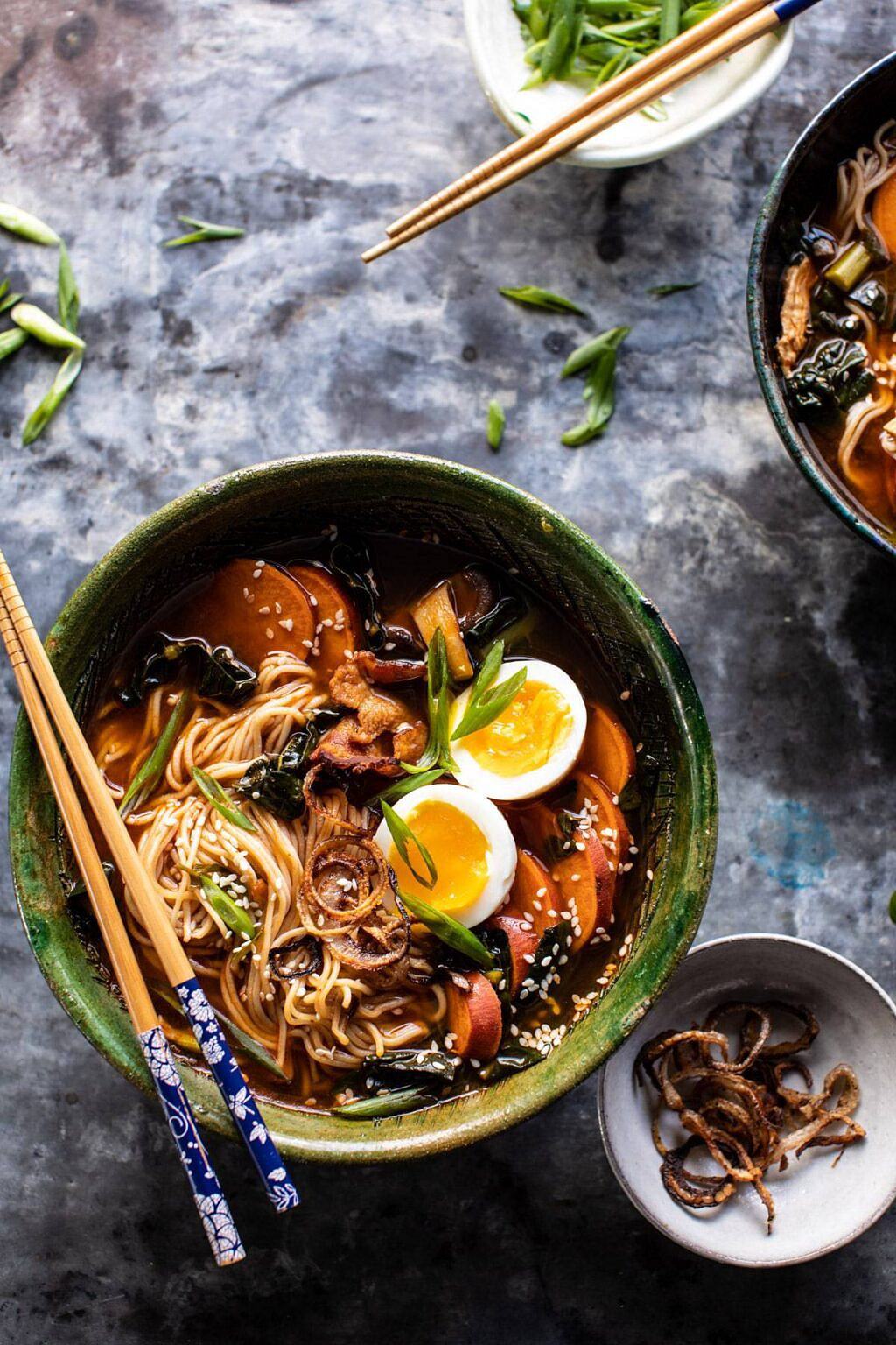 Feel Good Spicy Ramen with Sweet Potatoes and Crispy Shallots. - Half ...