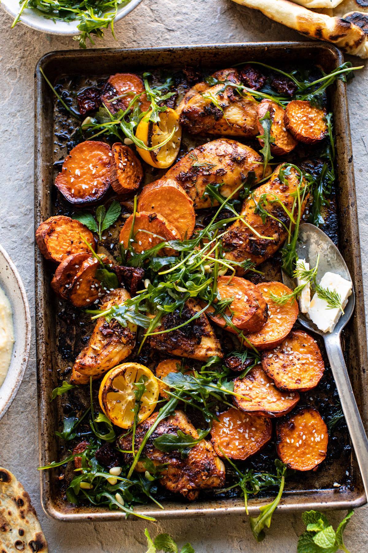 Sheet Pan Chicken Shawarma with Sesame Sweet Potatoes and Hummus ...