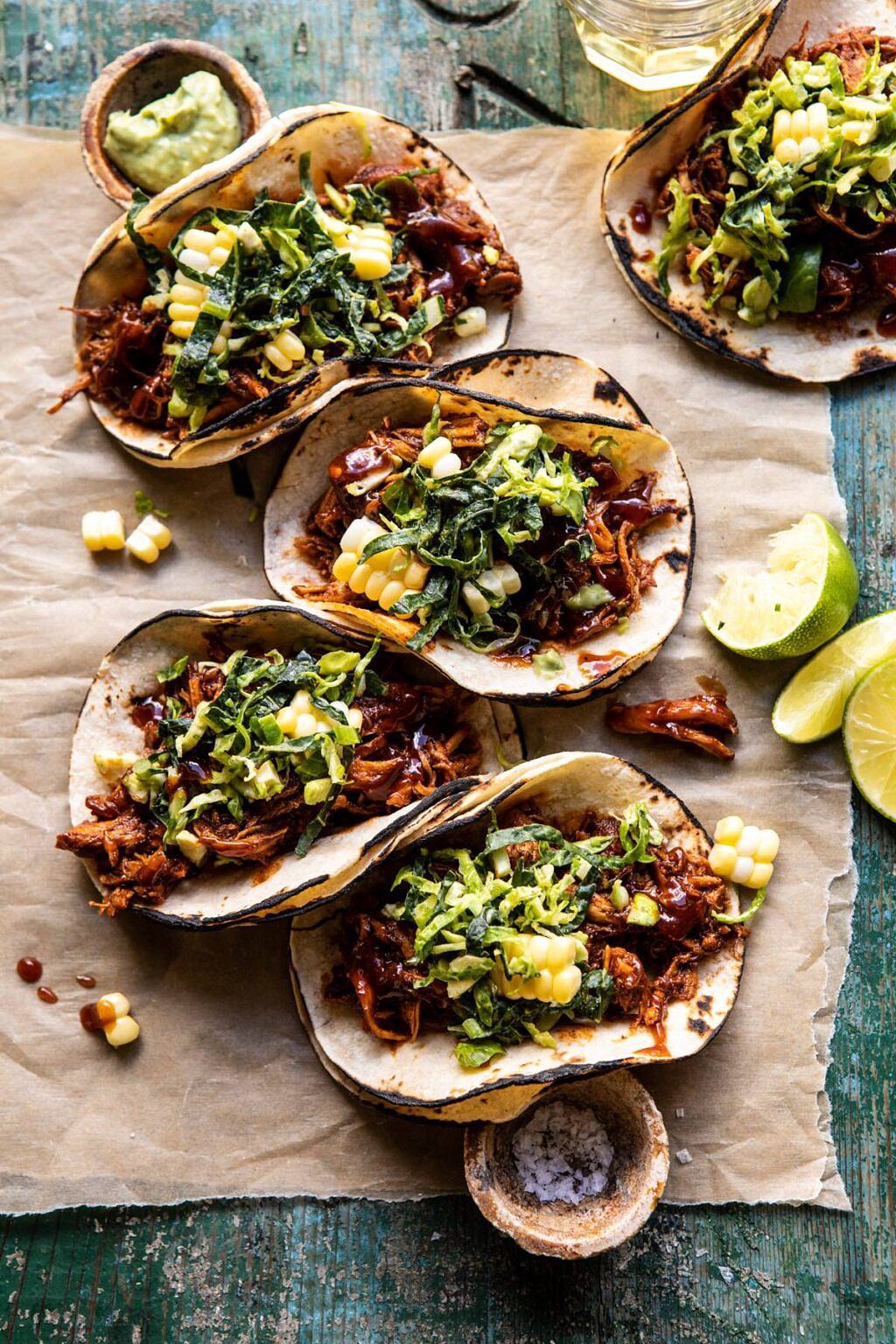 Instant Pot BBQ Beer Pulled Chicken Tacos with Ranch Corn Slaw. - Half ...