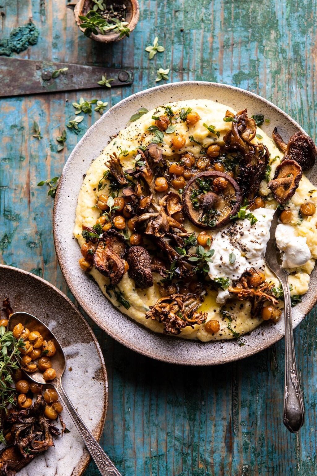 Pesto Polenta with Thyme Roasted Mushrooms and Chickpeas. - Half Baked ...