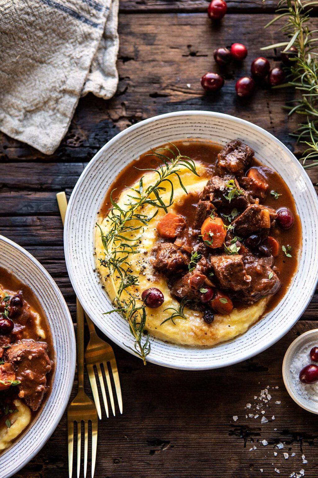 Cranberry Cider Braised Beef Stew with Rosemary Polenta. - Half Baked ...