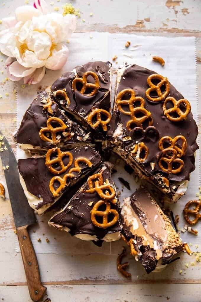 Fudgy Chocolate Peanut Butter Ice Cream Pretzel Cake. - Half Baked Harvest
