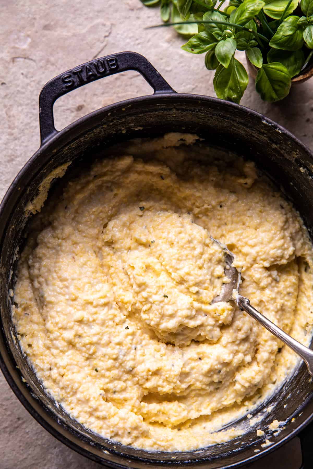 Cherry Tomato Pesto Polenta with Fried Halloumi. - Half Baked Harvest