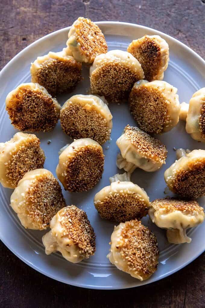 Sesame Chicken Dumplings in Spicy Broth with Garlic Crisps. - Half ...