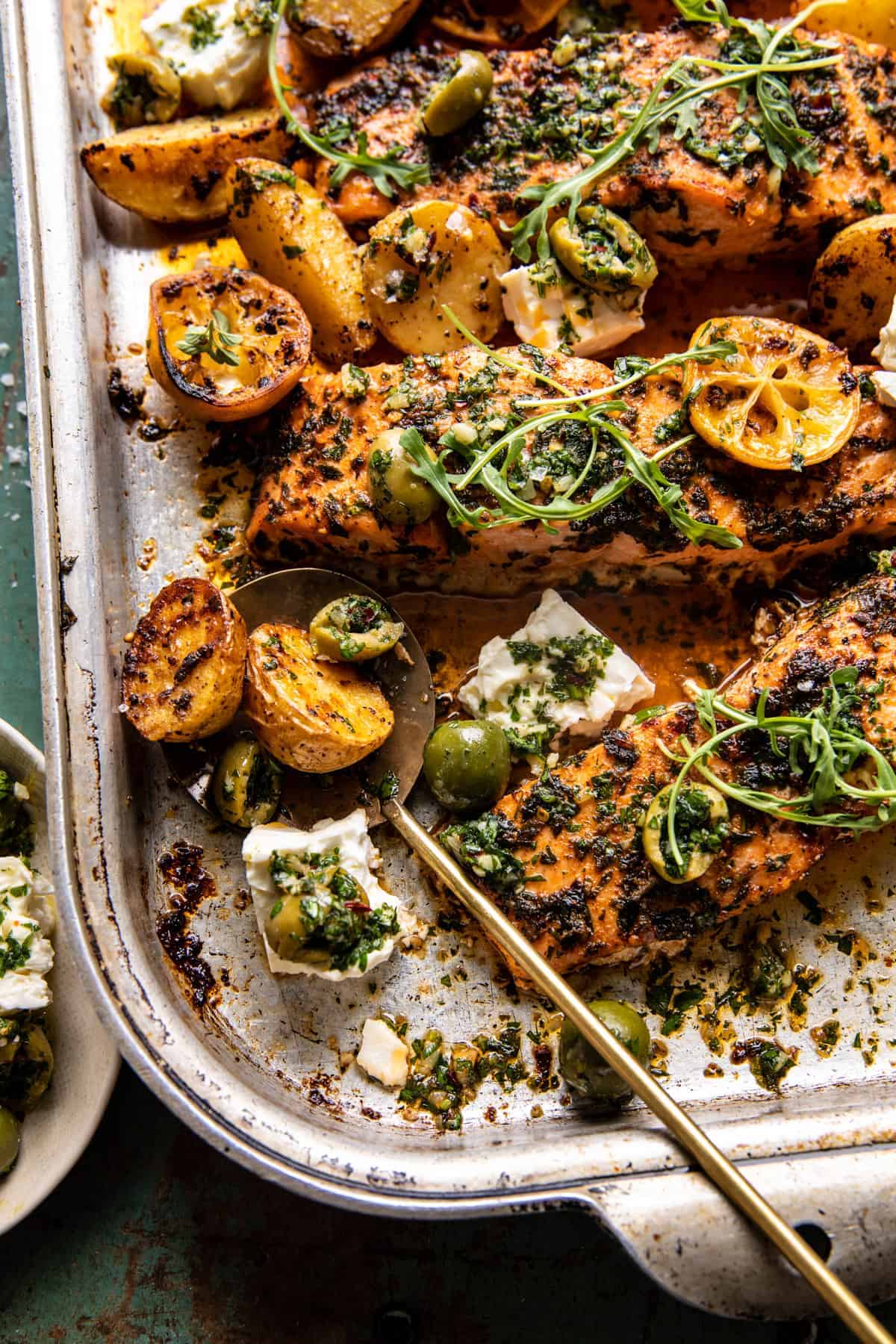 Sheet Pan Roasted Lemon Garlic Butter Salmon with Feta and Olives ...