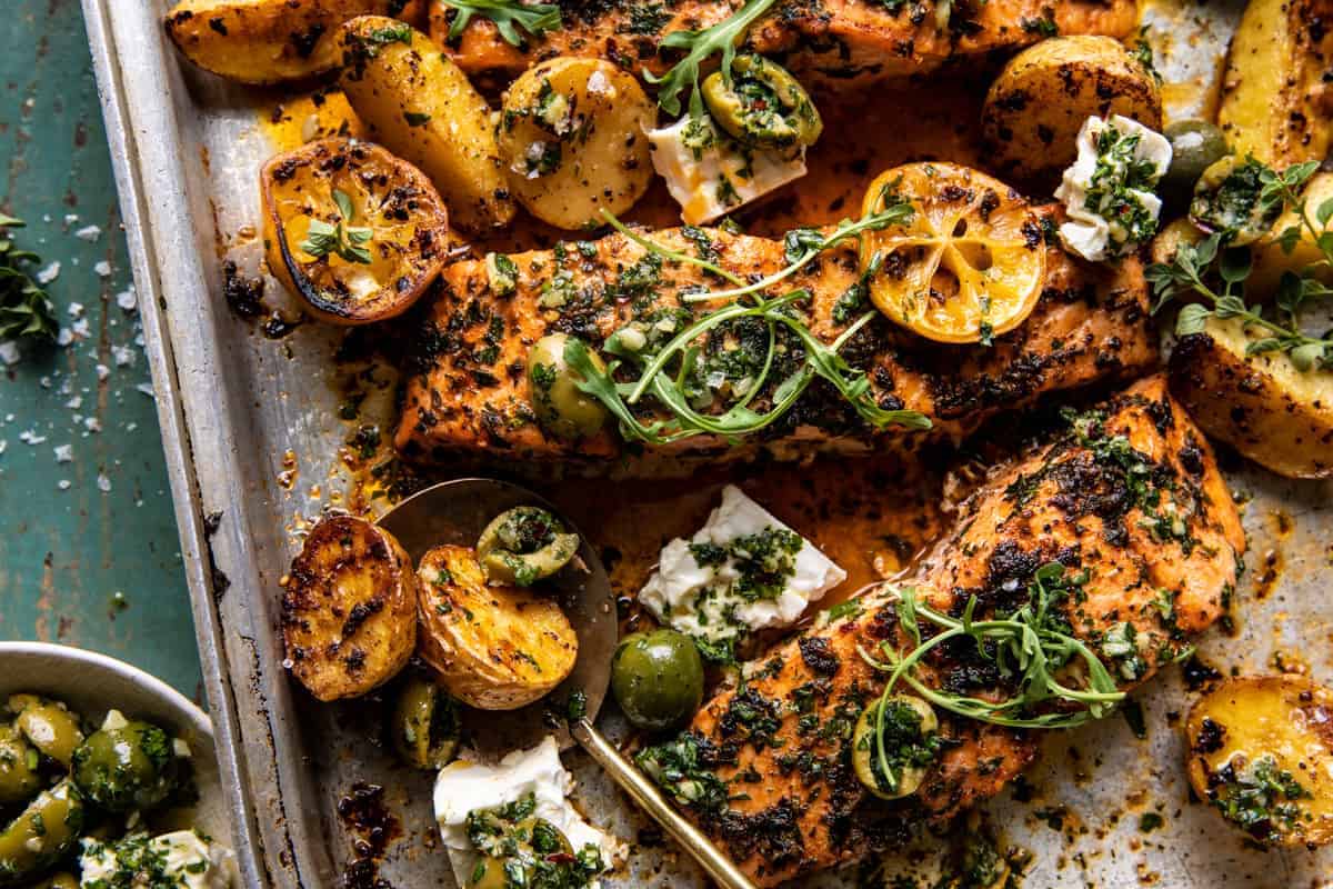 Sheet Pan Roasted Lemon Garlic Butter Salmon with Feta and Olives ...