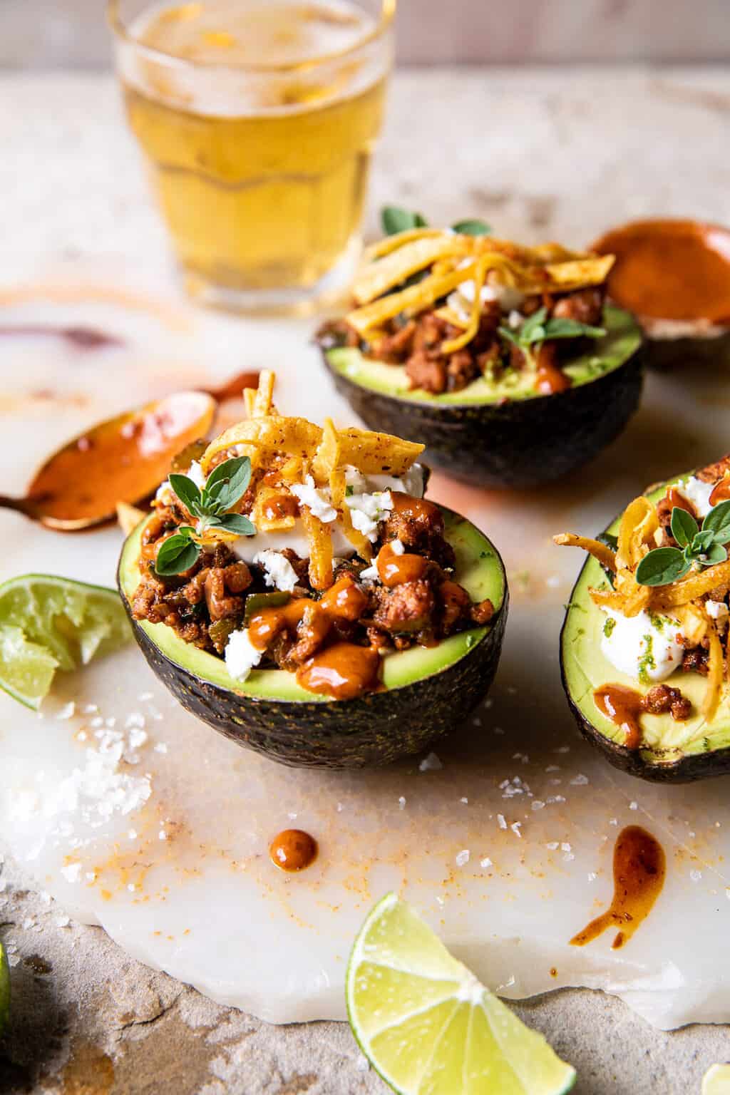 Taco Stuffed Avocados with Chipotle Sauce and Cilantro Lime Ranch ...