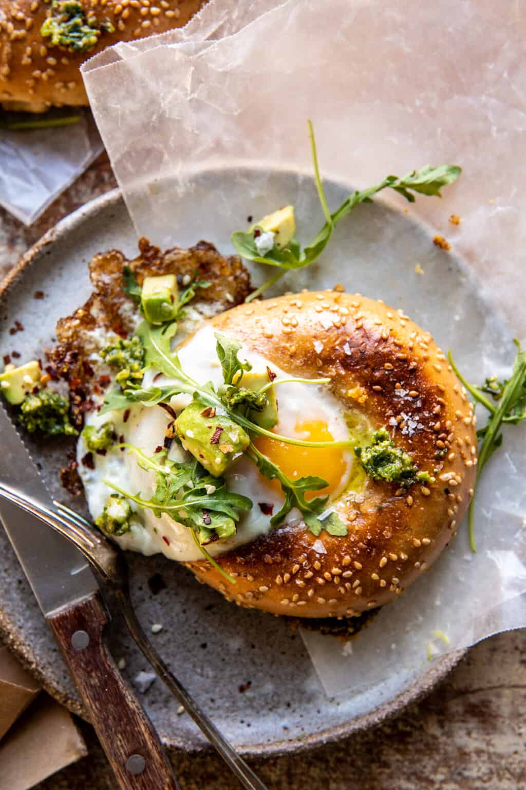 Crispy Parmesan and Pesto Egg in a Bagel. - Half Baked Harvest