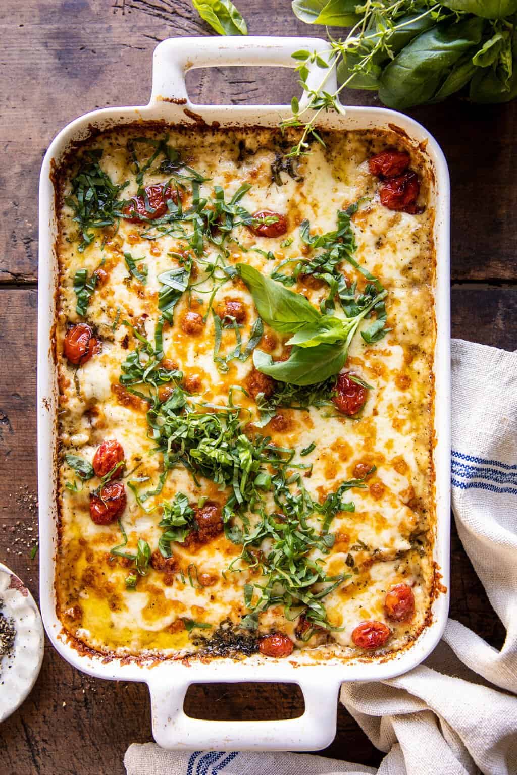 Easiest One Pan Caprese Pesto Orzo Bake. - Half Baked Harvest