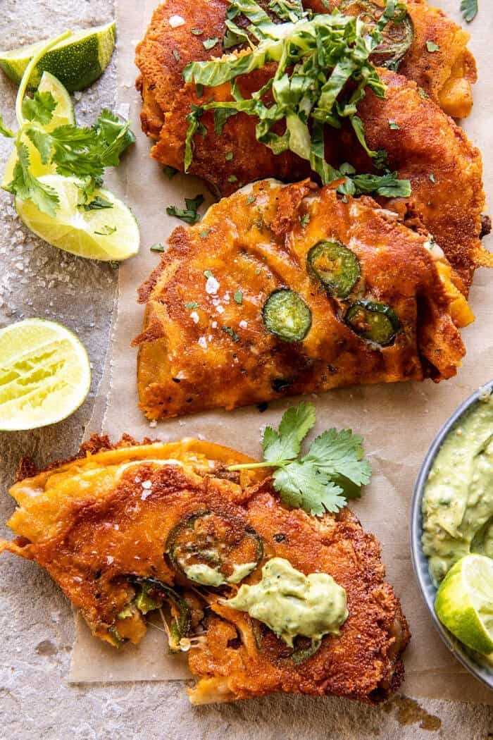 Crispy Cheese Chicken Tacos with Avocado Cilantro Sauce. - Half Baked ...