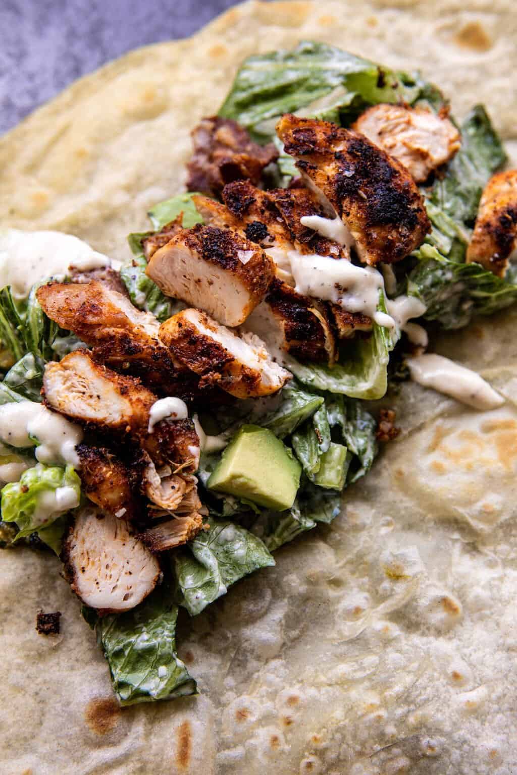 Pesto Chicken and Avocado Bacon Salad Wraps. - Half Baked Harvest