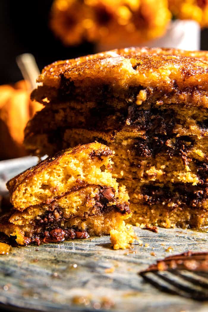 Fluffy Pumpkin Butter Chocolate Chip Pancakes. - Half Baked Harvest