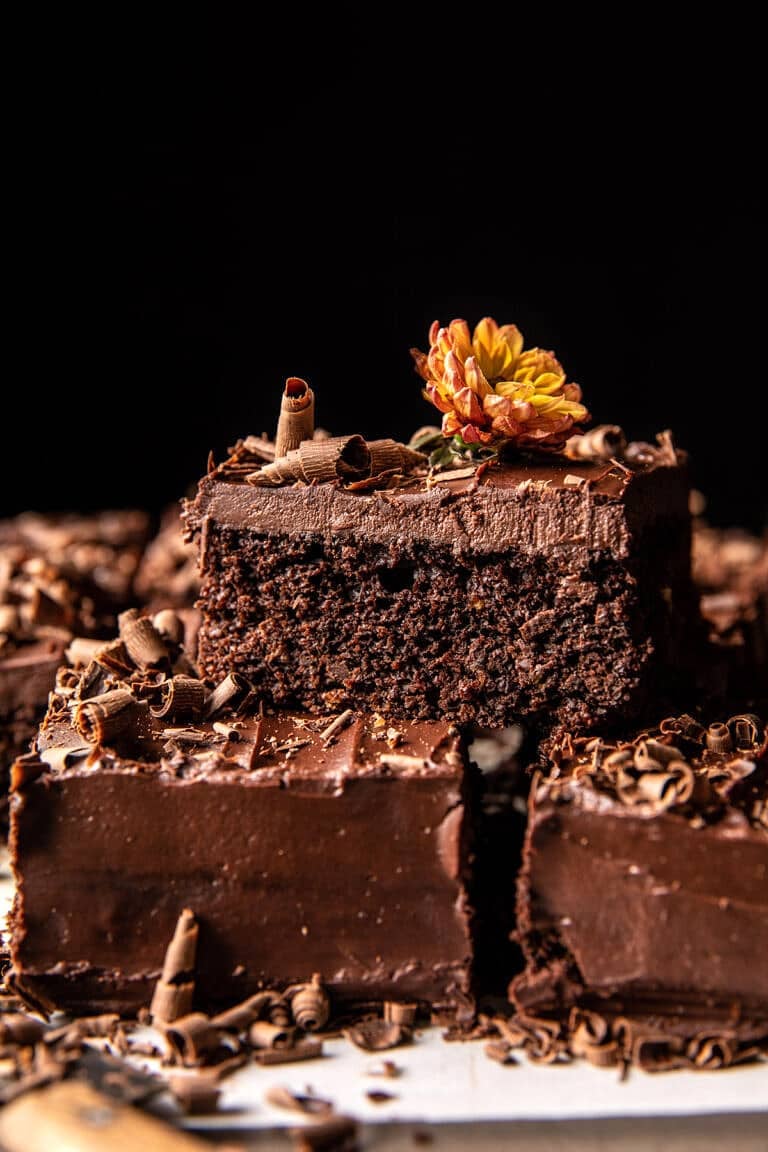 Fudge Frosted Chocolate Olive Oil Sheet Cake