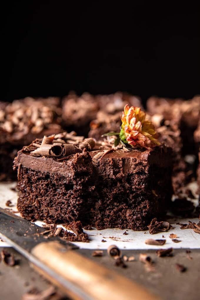 Fudge Frosted Chocolate Olive Oil Sheet Cake