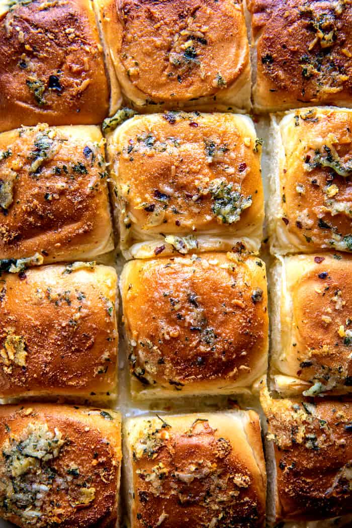 Pull Apart Garlic Butter Spinach and Artichoke Dip Sliders. - Half ...