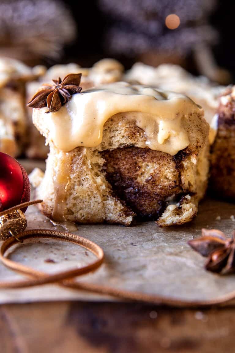 Fluffy Christmas Cinnamon Rolls with Caramel Cream Cheese Icing. - Half ...