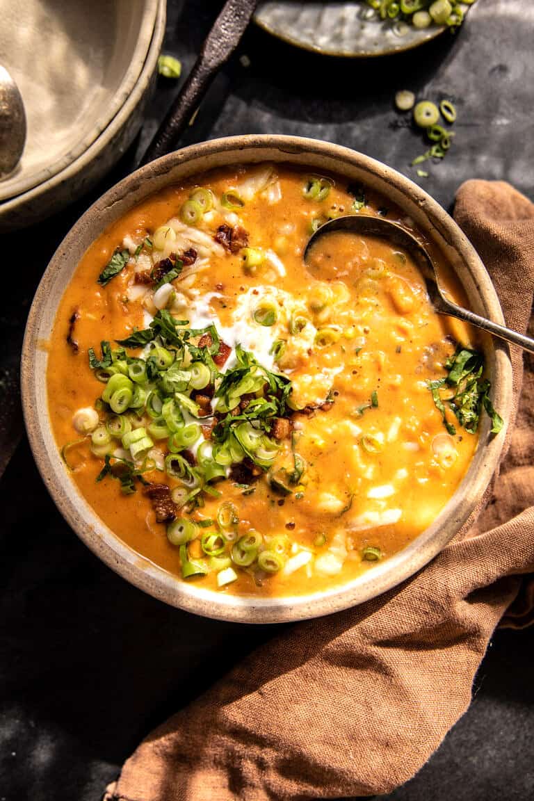 Baked Chipotle Cheddar Sweet Potato Chowder. - Half Baked Harvest