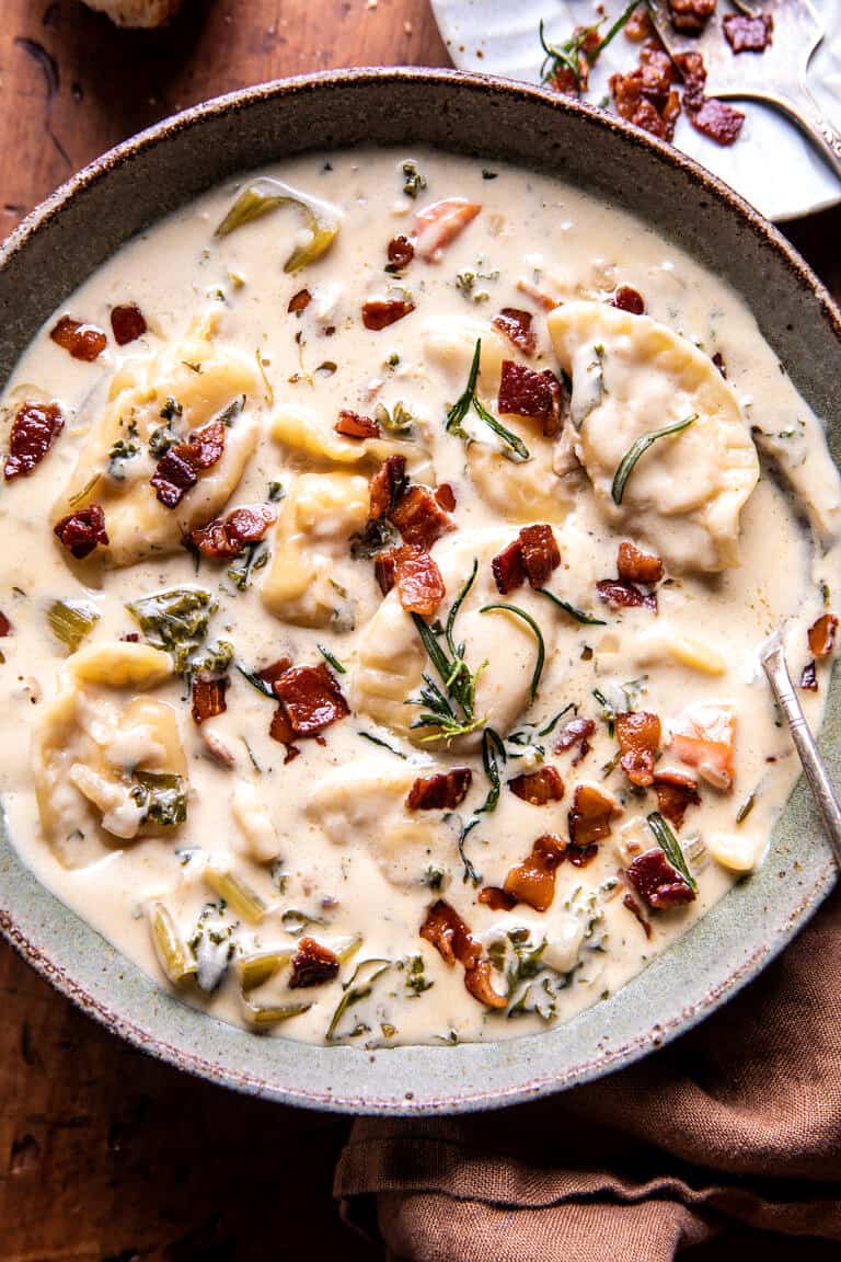 Creamy Pierogi Chicken Soup with Rosemary Bacon. - Half Baked Harvest