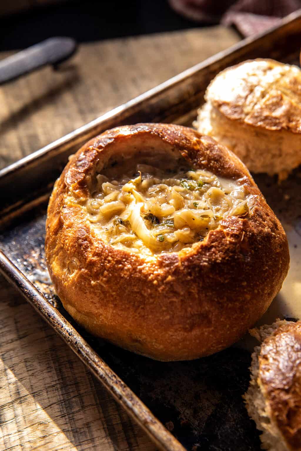 Creamy French Onion Soup Baked In Bread Bowls. - Half Baked Harvest
