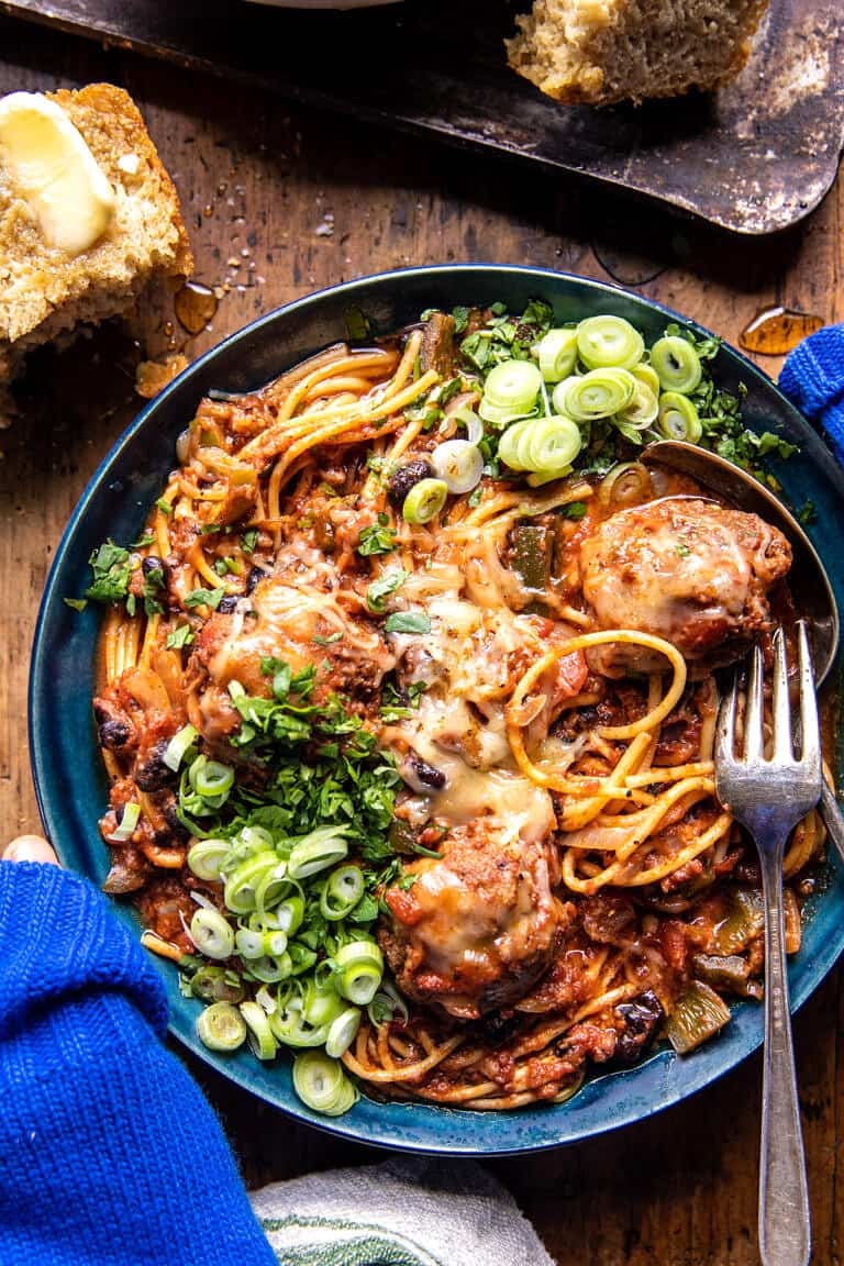 Crockpot Chili Meatballs and Spaghetti. - Half Baked Harvest