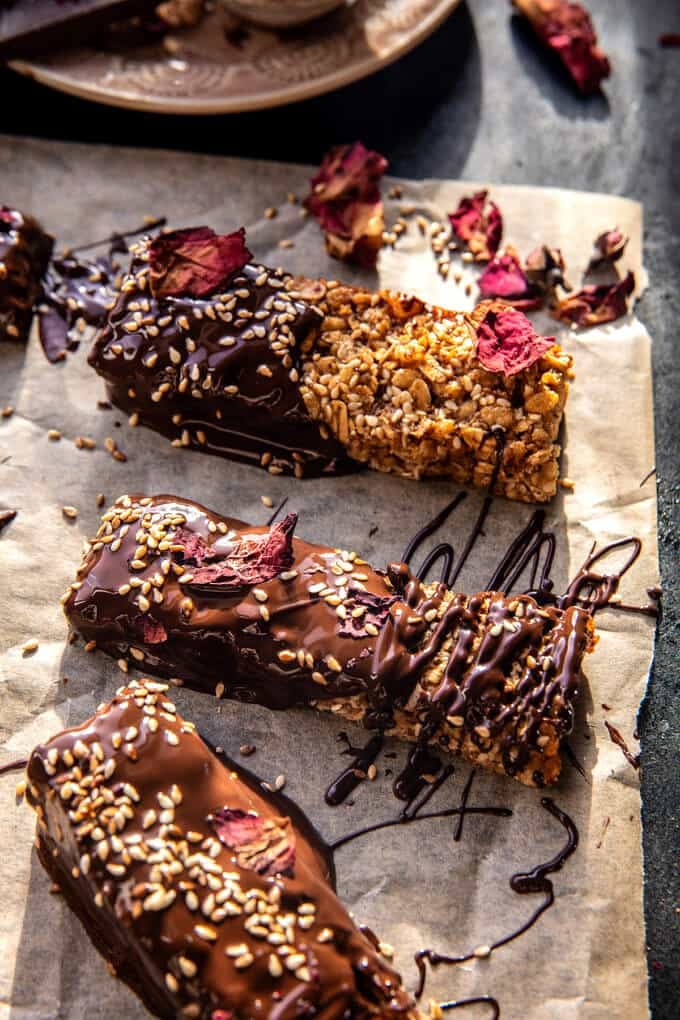 Chocolate Dipped Sesame Oatmeal Bars. - Half Baked Harvest