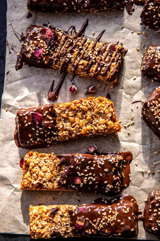 Chocolate Dipped Sesame Oatmeal Bars. - Half Baked Harvest