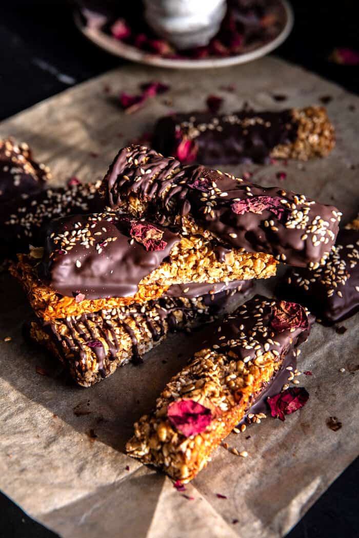 Chocolate Dipped Sesame Oatmeal Bars. - Half Baked Harvest
