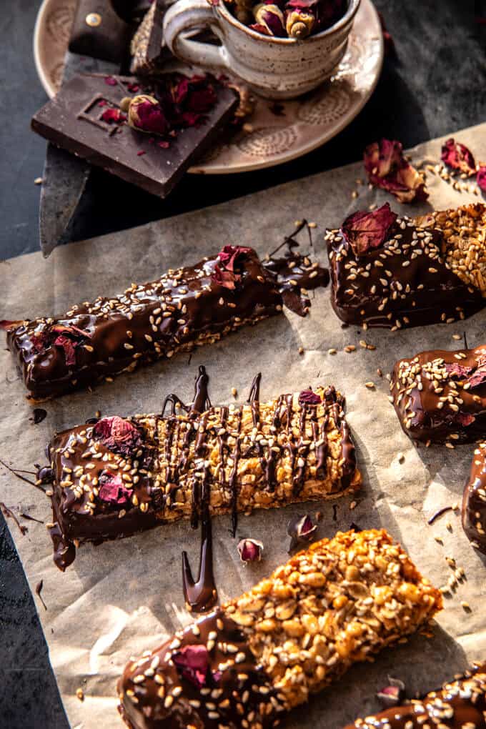 Chocolate Dipped Sesame Oatmeal Bars. - Half Baked Harvest