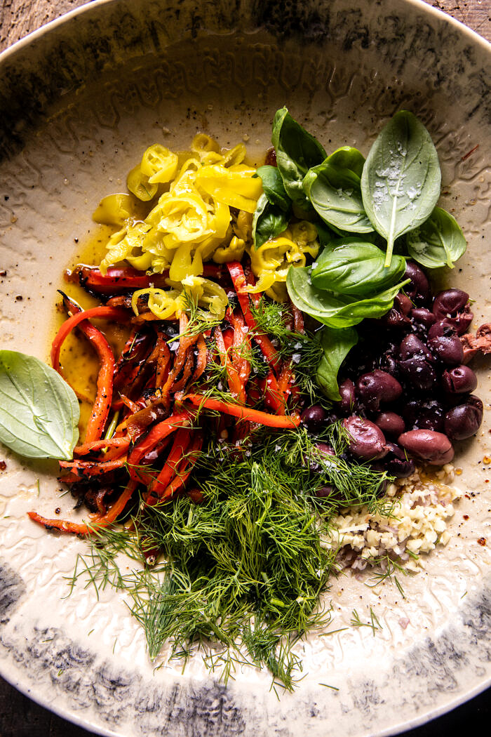 Greek Roasted Red Pepper Tomato Feta Orzo. - Half Baked Harvest