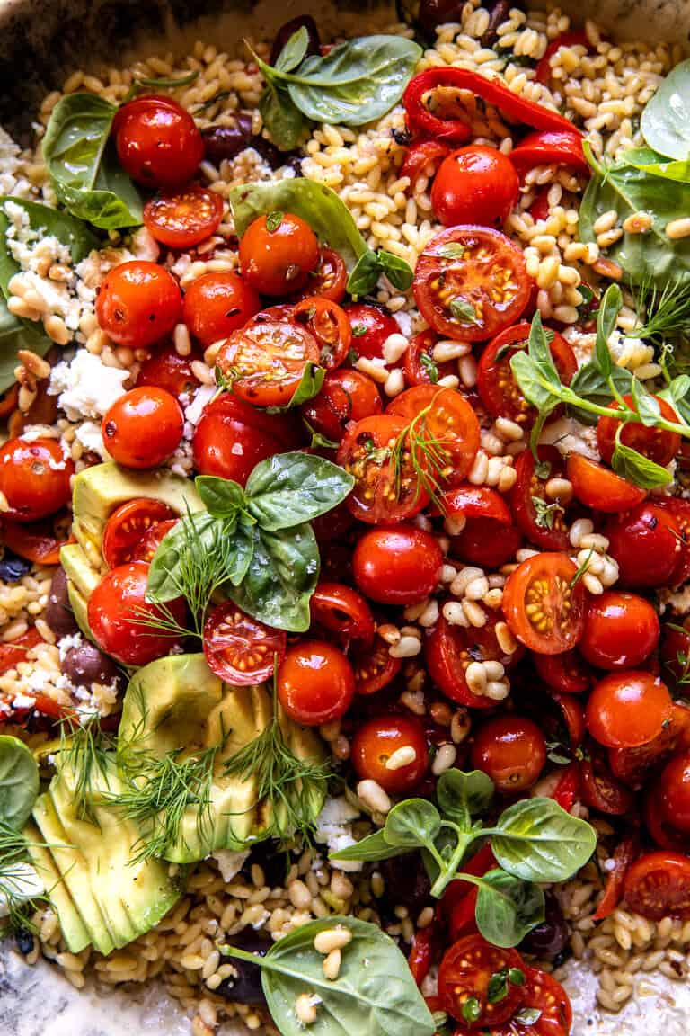 Greek Roasted Red Pepper Tomato Feta Orzo. - Half Baked Harvest