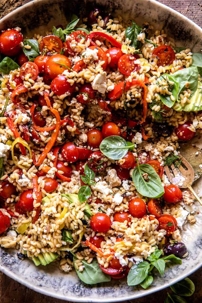 Greek Roasted Red Pepper Tomato Feta Orzo. - Half Baked Harvest