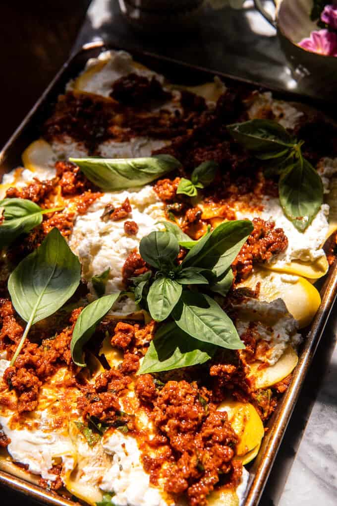 Sheet Pan Zucchini Lasagna with Garlic Croutons. - Half Baked Harvest