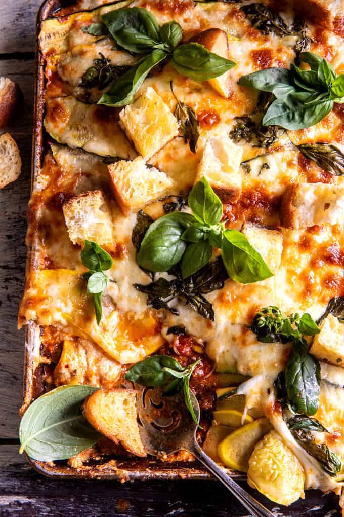 Sheet Pan Zucchini Lasagna with Garlic Croutons. - Half Baked Harvest