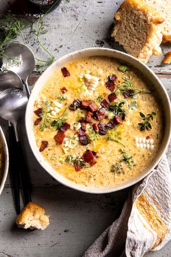 Creamy Broccoli Cheddar Chipotle Corn Chowder. - Half Baked Harvest