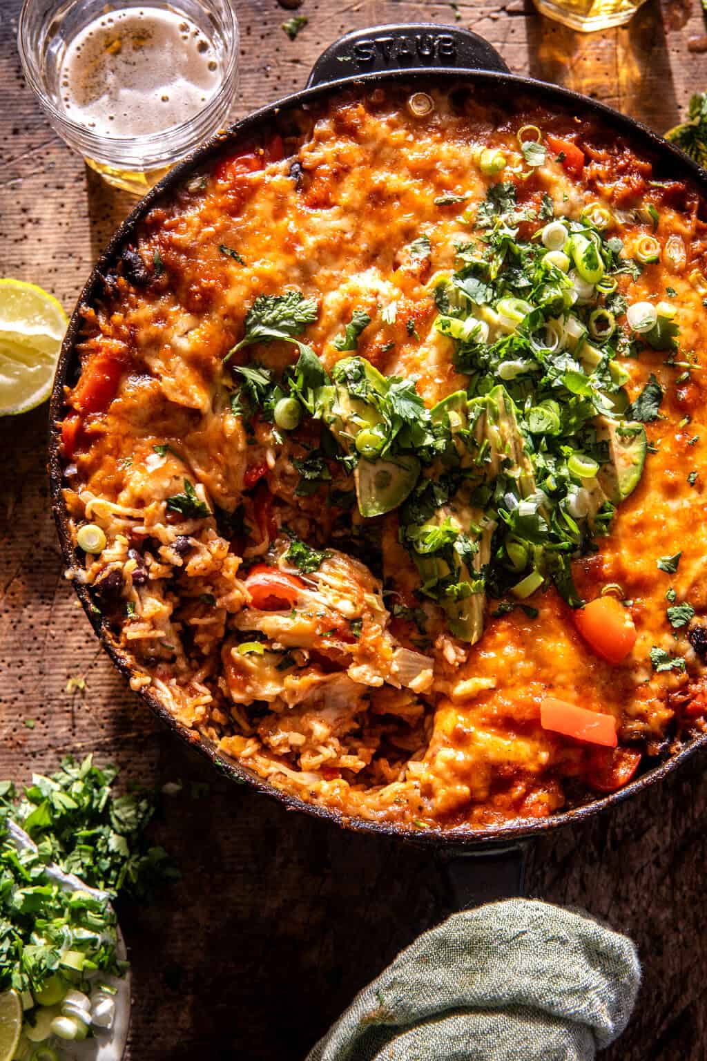 One Skillet Cheesy Salsa Chicken Rice Bake. - Half Baked Harvest