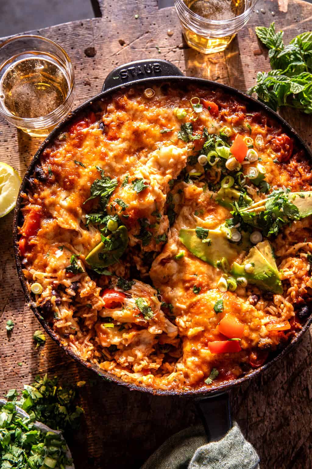 One Skillet Cheesy Salsa Chicken Rice Bake. - Half Baked Harvest