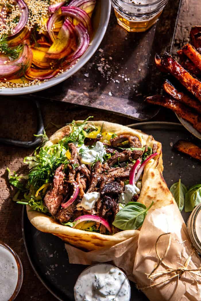 Sheet Pan Steak Gyros with Feta Tzatziki Sauce. - Half Baked Harvest