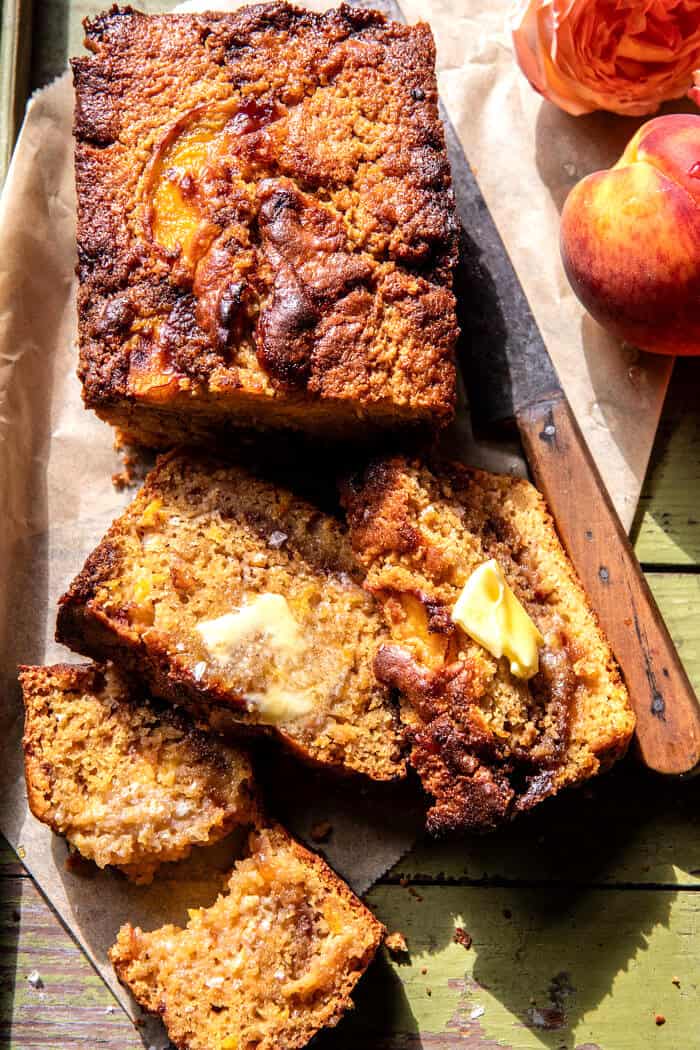 Cinnamon Crunch Peach Muffin Bread. - Half Baked Harvest